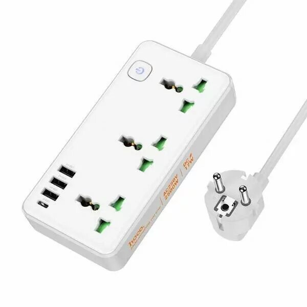 Удлинитель на 3 розетки HOCO AC7A Storm 10A, 3xUSB, 1xUSB-C, 3.4А, 1.5м (белый)
