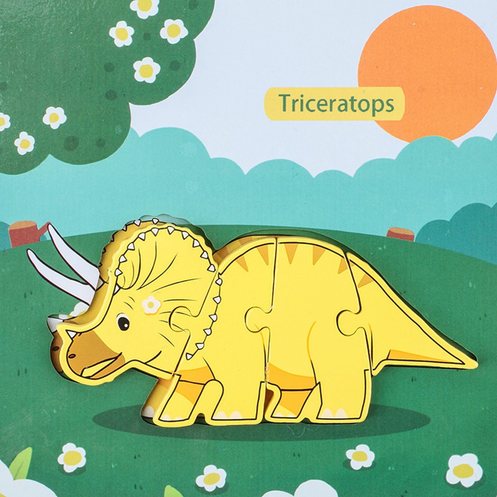 Детская деревянная трехмерная плоская головоломка в виде животного-Трицератопса