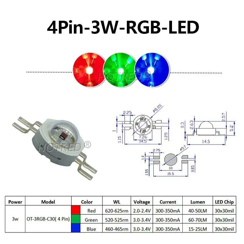 RGB LED 3W 4pin, 5шт