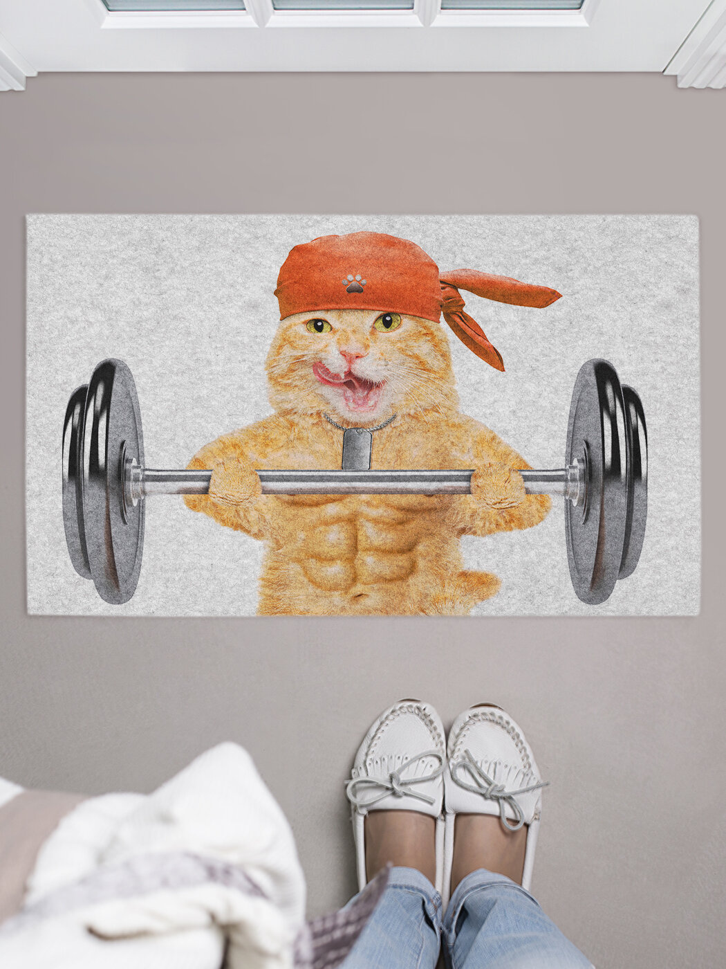 Коврик придверный в прихожую с принтом "Кот-силач" 45 на 75 см , JoyArty