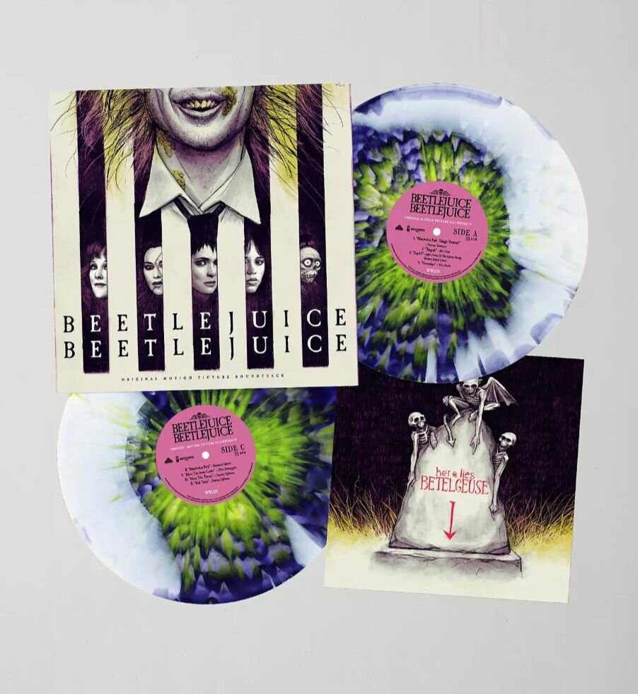 Битлджус Битлджус OST (1000шт в мире White-Purple-Lime Green Splatter, Etched USA Limited) Цвет: Фиолетово-Белый с Зелено-Лаймовыми Брызгами, Виниловая Пластинка с Гравировкой, Beetlejuice Beetlejuice