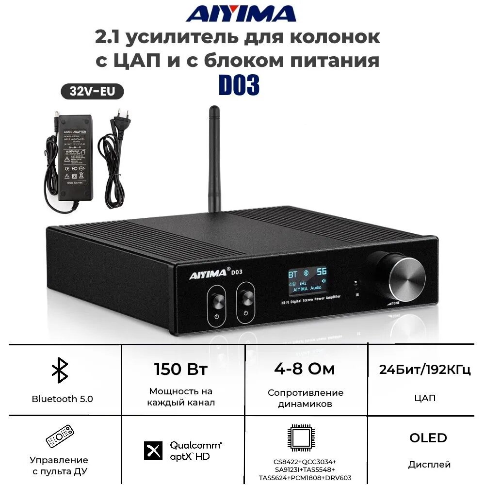 Усилитель для колонок AIYIMA D03 Bluetooth 150 Вт с ЦАП + блок питания