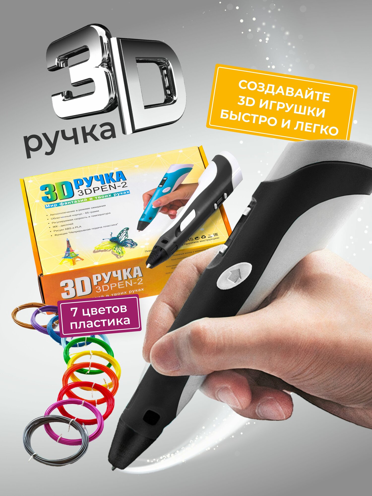 Подарочный набор ребенку 3D ручка 3D ручка 3DPEN-2 с пластиком PLA 70 метров и трафаретами для 3д рисования, черная SY