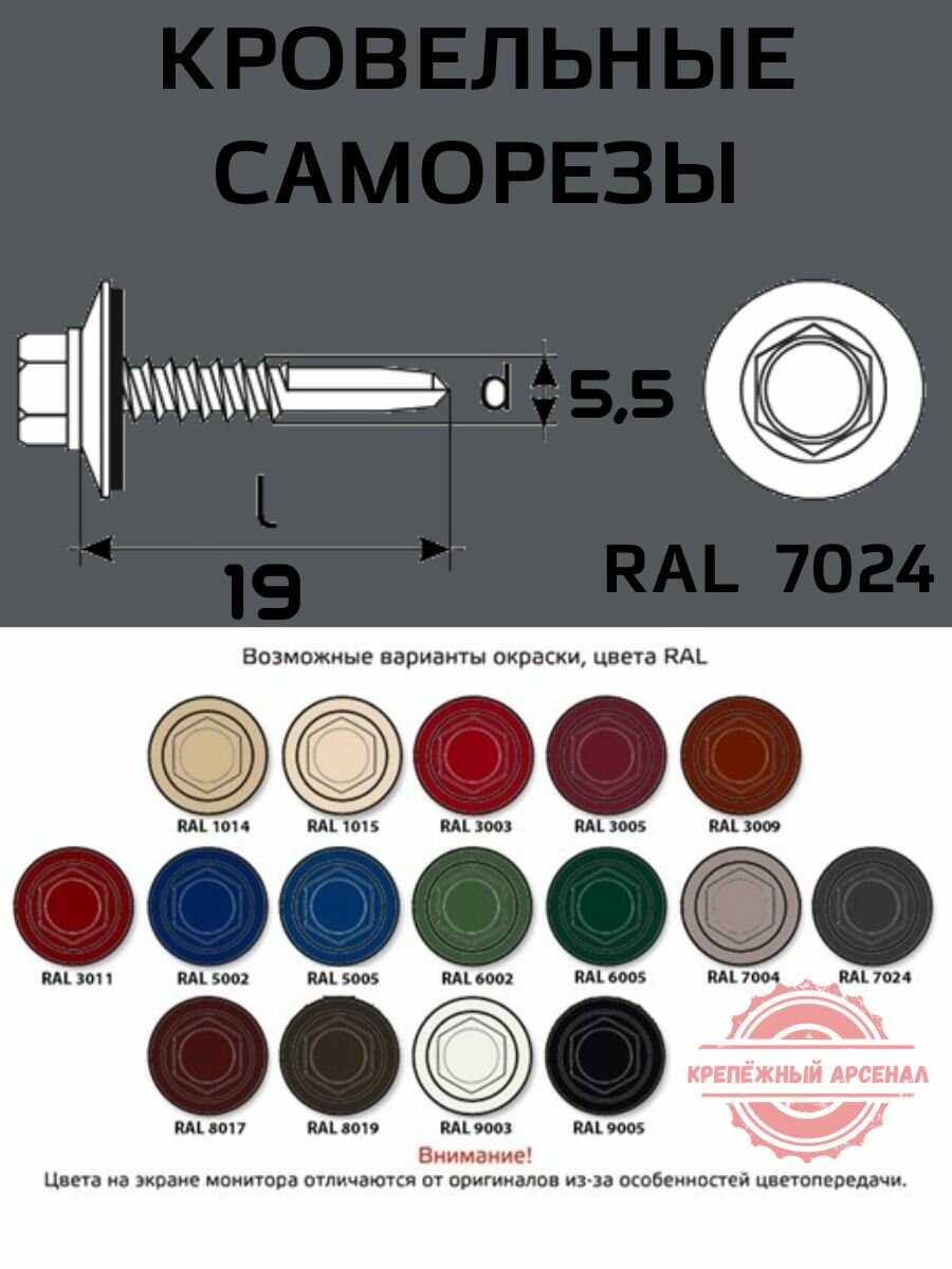 Саморез кровельный 5,5*19 RAL 7024 графитовый-серый 10 шт.