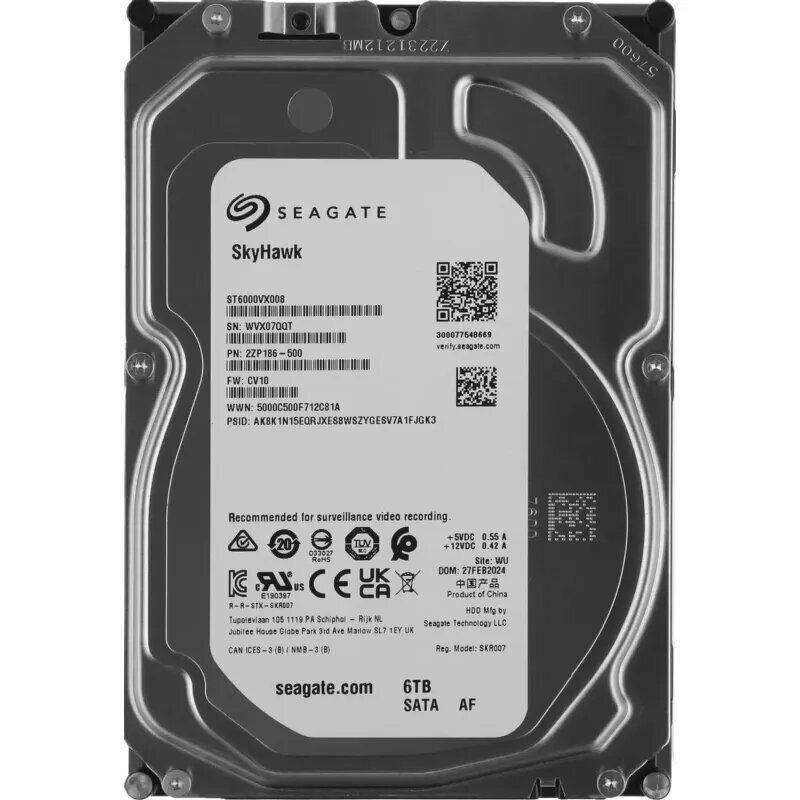 Жесткий диск Seagate Skyhawk 6TB 3,5 SATA 5400RPM 256MB (ST6000VX008), 2260037