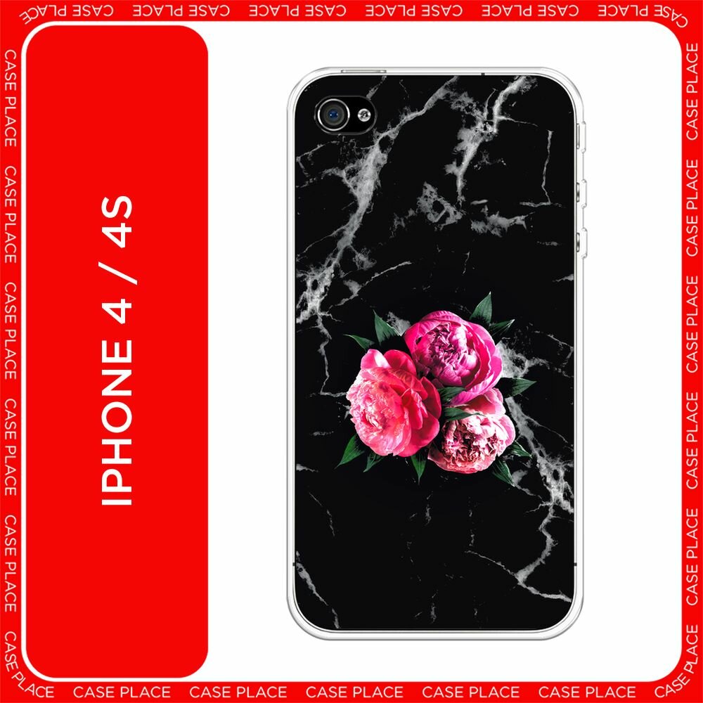 Чехол на Apple iPhone 4/4S / Айфон 4/4S с принтом "Букет на черном мраморе"