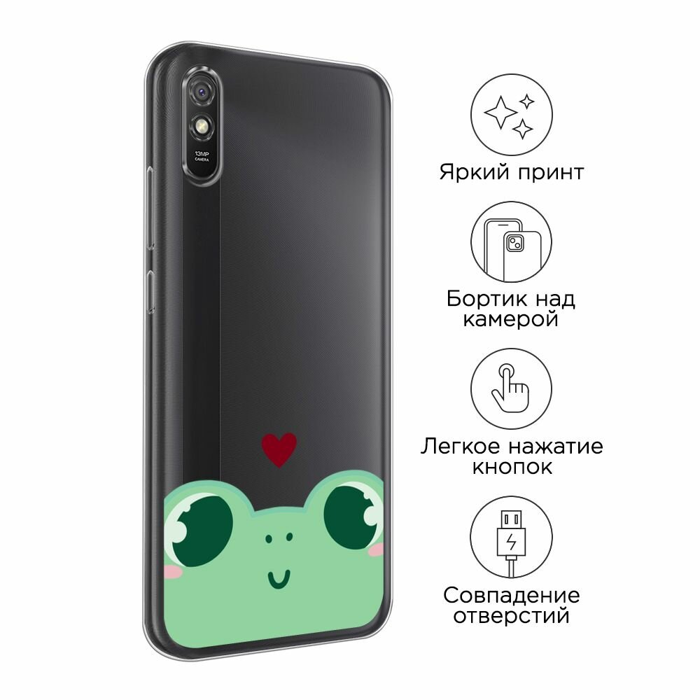 Чехол на Xiaomi Redmi 9A / Сяоми Редми 9А с принтом "Влюблённая лягушка - 14 февраля", прозрачный — фото 1