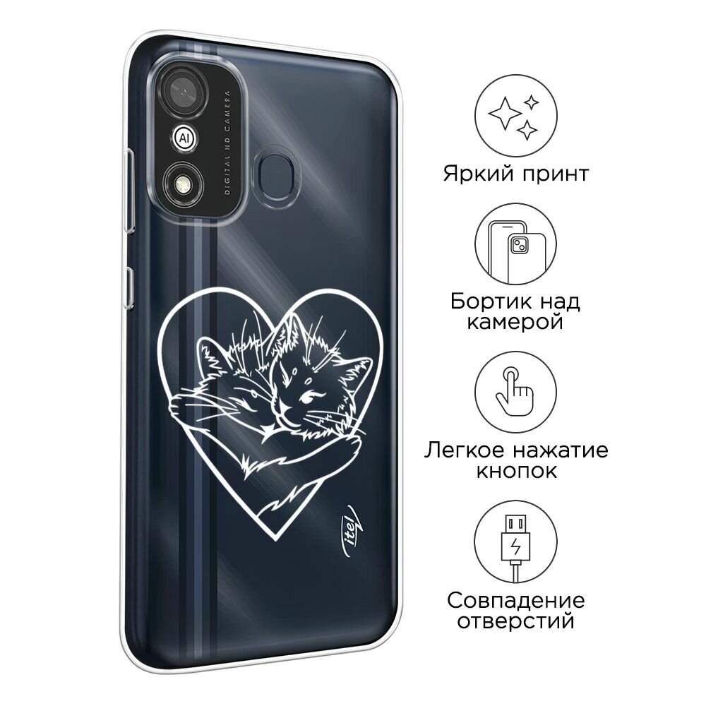 Чехол на Itel A27 / Ител А27 с принтом "Влюблённые котики рисунок 2 - 14 февраля", прозрачный — фото 1