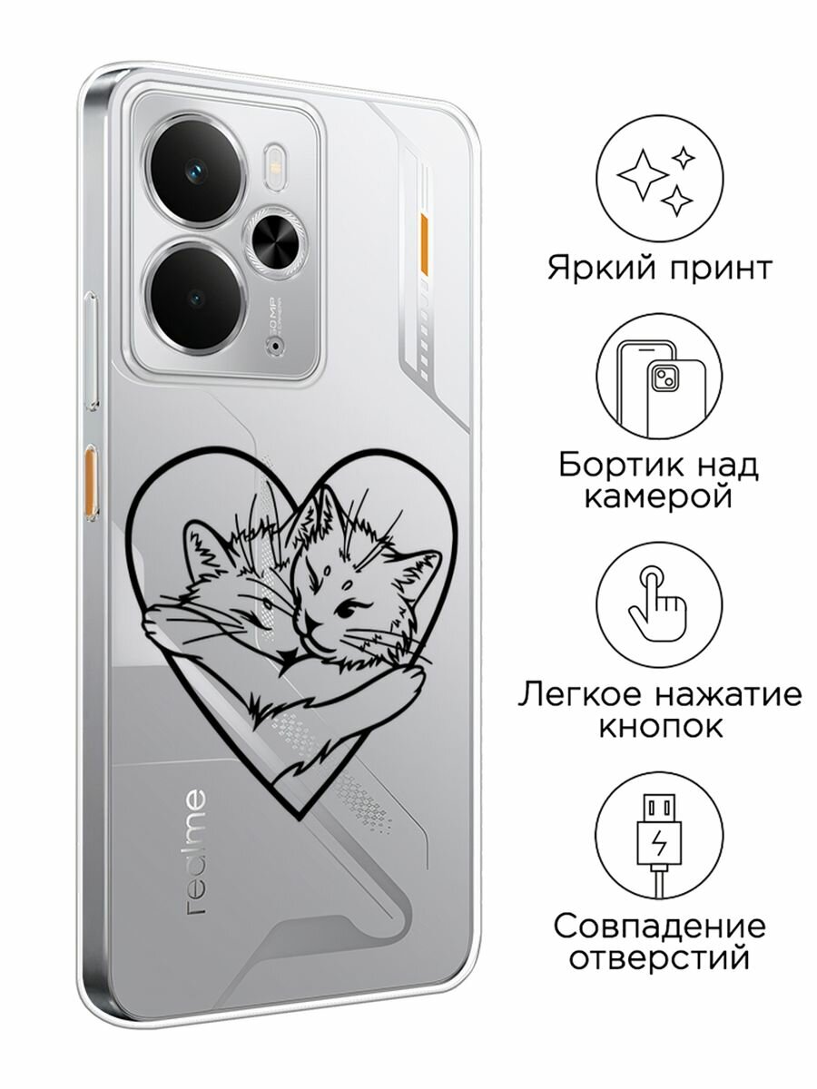 Чехол на Realme 14 5G / Реалми 14 5G с принтом "Влюблённые котики рисунок 3 - 14 февраля", прозрачный — фото 1
