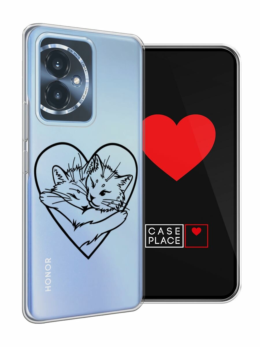 Чехол на Honor 100 / Хонор 100 с принтом "Влюблённые котики рисунок 3 - 14 февраля", прозрачный — фото 1