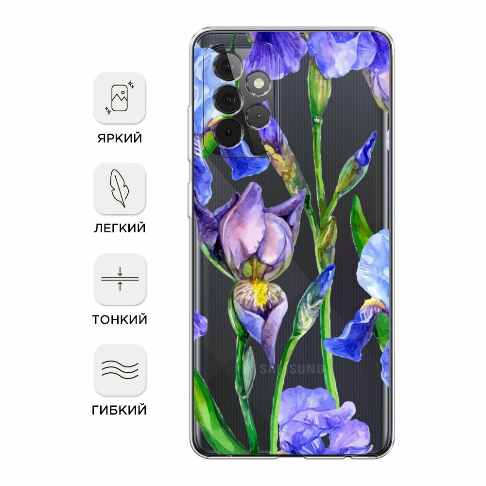 Чехол на Samsung Galaxy A72 / Самсунг Галакси А72 с принтом "Синие ирисы", прозрачный — фото 1