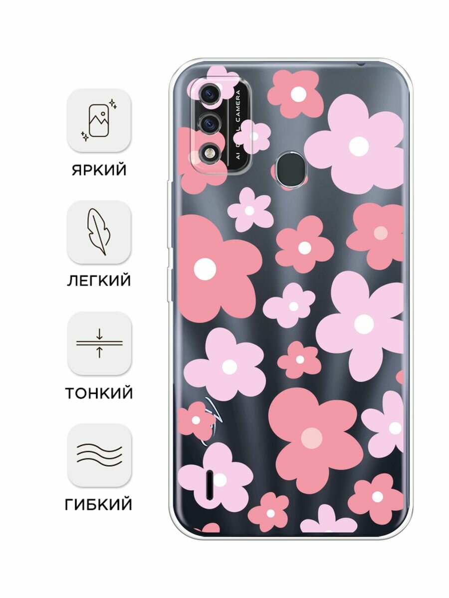 Чехол на Itel A48 / Ител А48 с принтом "Нежные розовые цветочки рисунок", прозрачный — фото 1