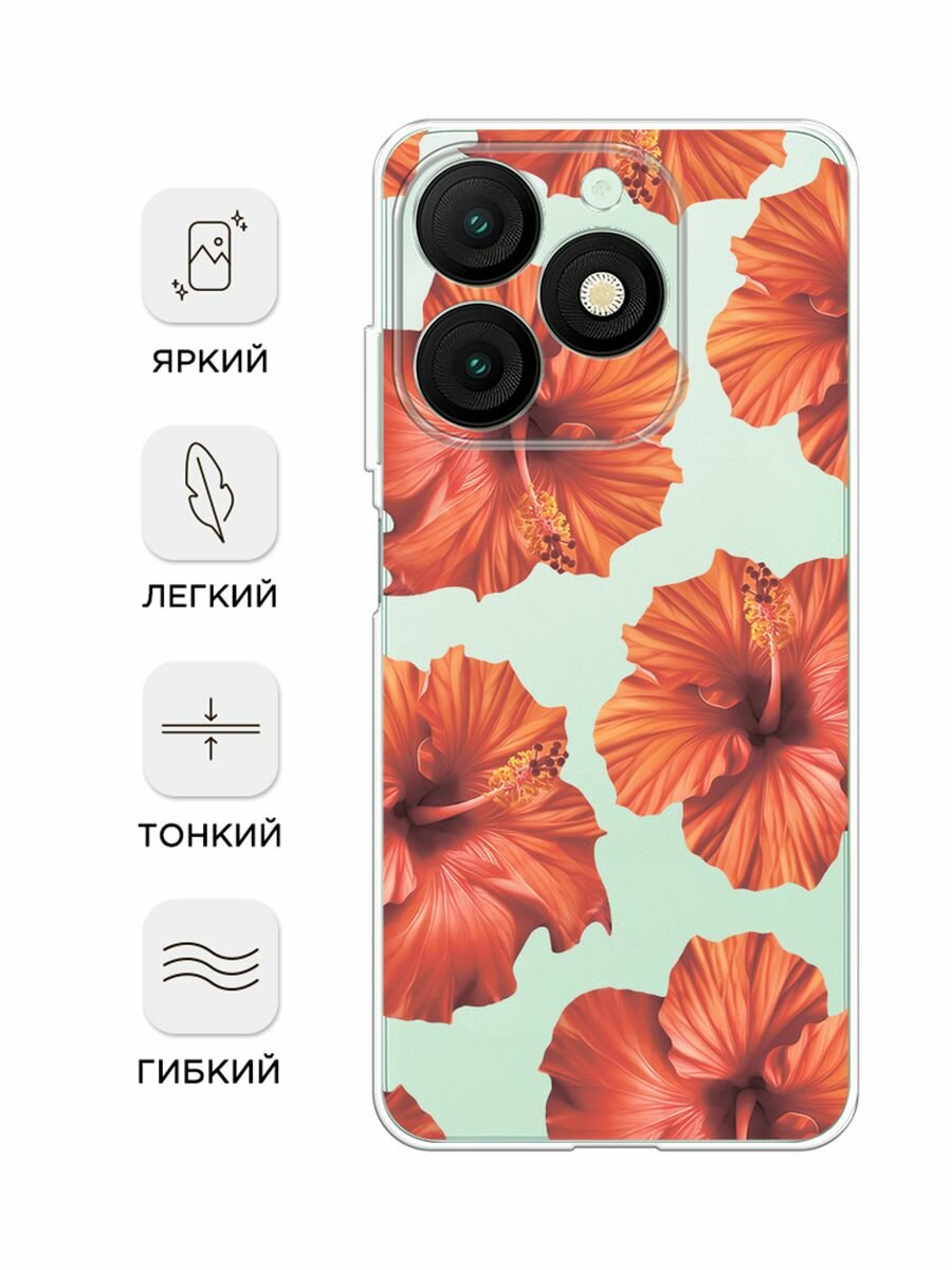 Чехол на Itel A50 / Ител А50 с принтом "Рыжие гибискусы", прозрачный — фото 1