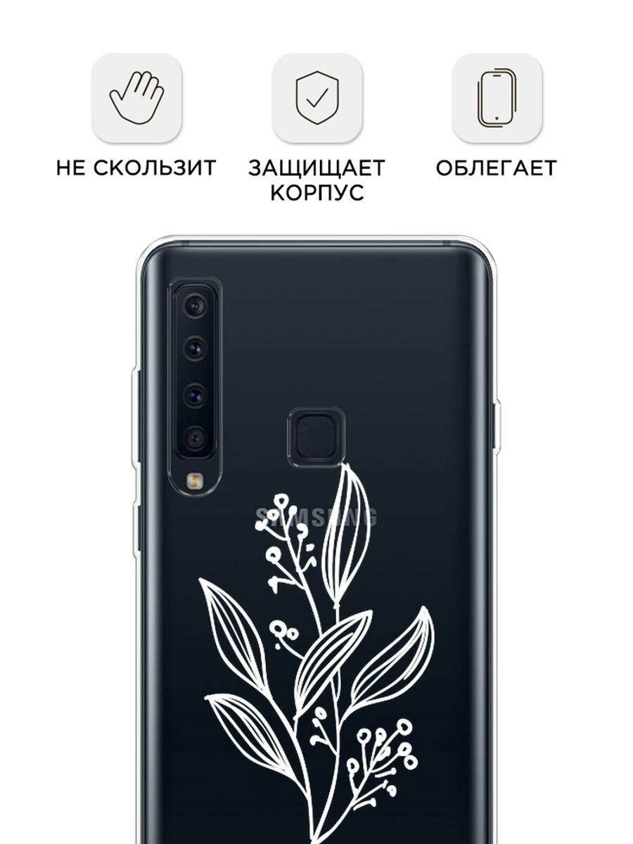 Чехол на Samsung Galaxy A9 2018 / Самсунг Галакси А9 2018 с принтом "Ветка с листочками и цветами", прозрачный — фото 1