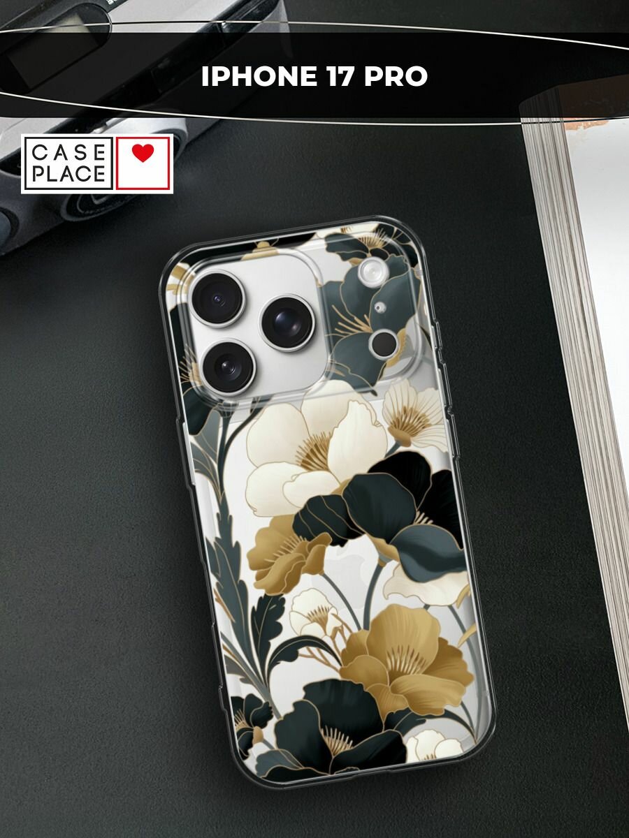 Чехол на Apple iPhone 17 Pro / Айфон 17 Про с принтом Золотые цветы