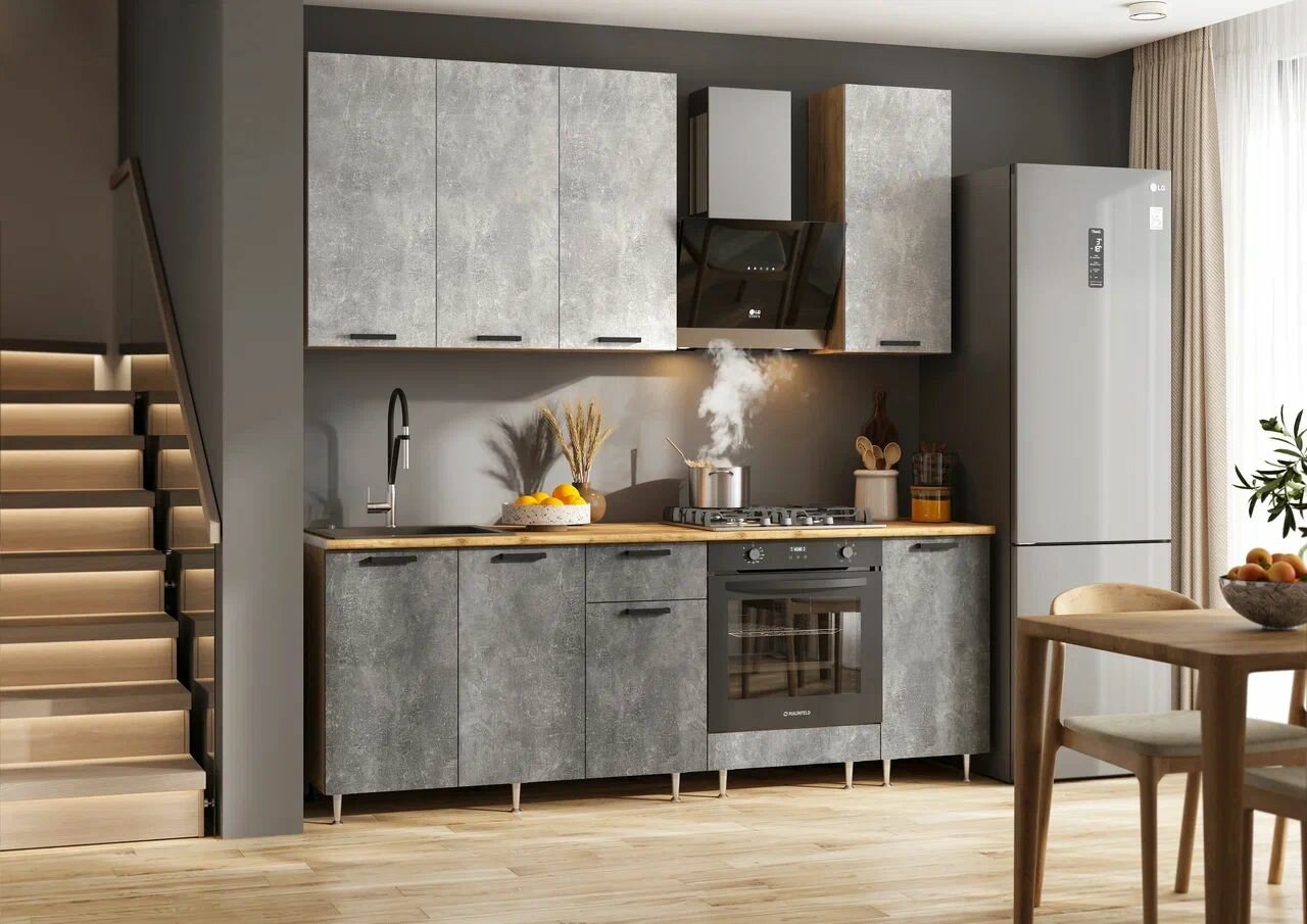 Кухня Рио NEW 2,2 м. Компоновка №2 Бетон светлый/Бетон темный, Дуб Крафт (Дуб вотан)