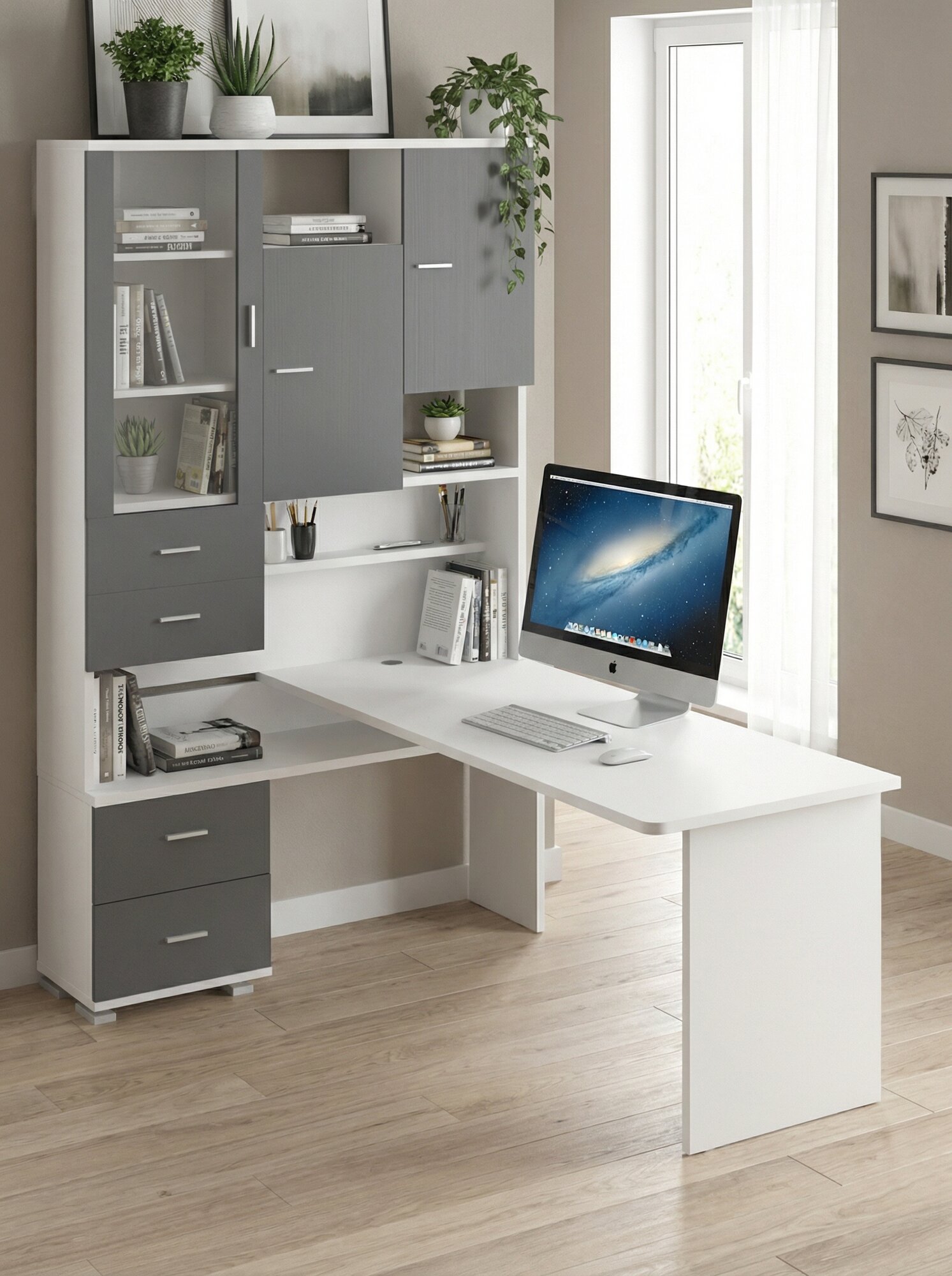 Стол компьютерный Мэрдэс СР-620/180 бегбе-лев Белый/Графит/Белый, с надстройкой, 130х180х216 см, с ящиками