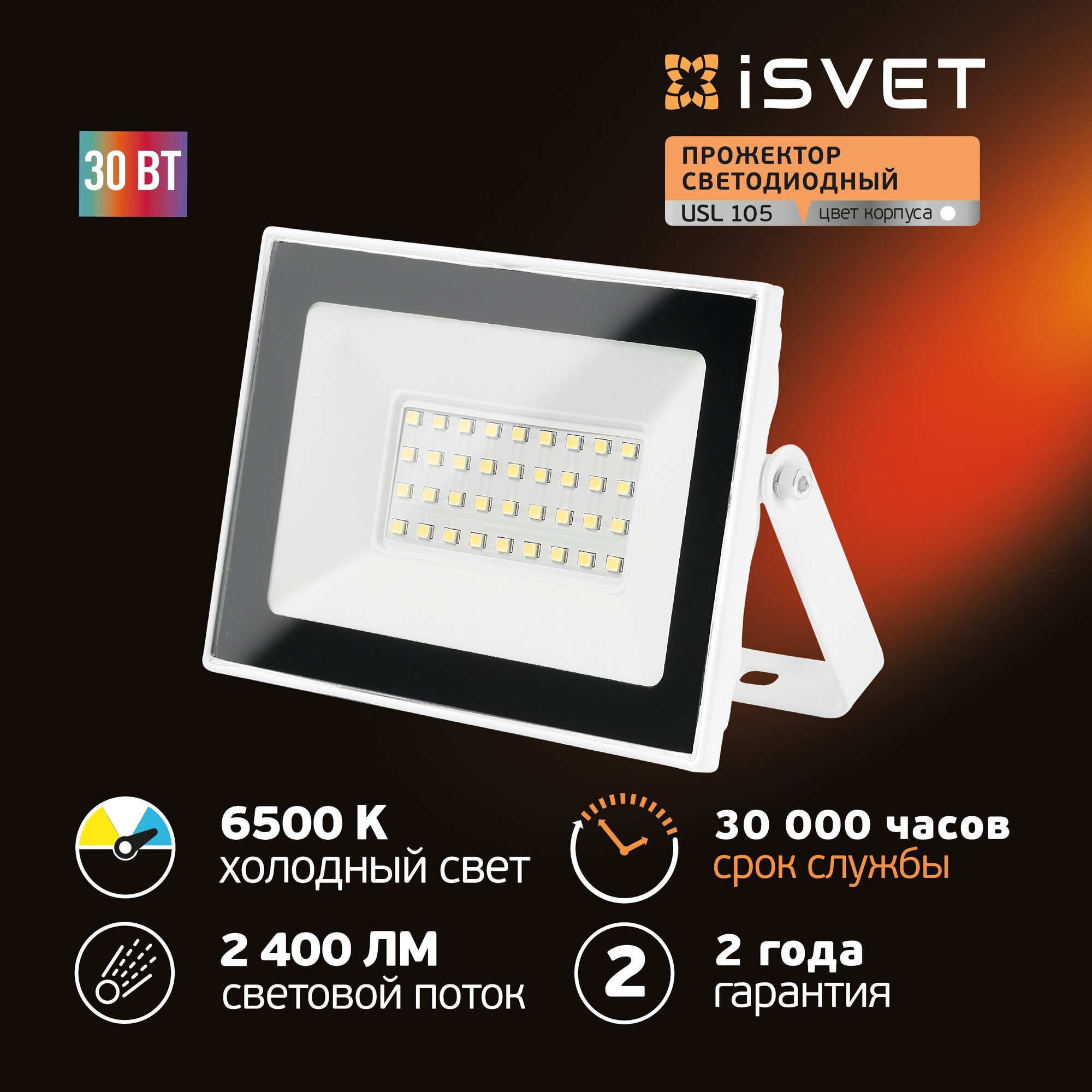 Прожектор светодиодный уличный 30 вт, iSvet 6500К, диодный белый