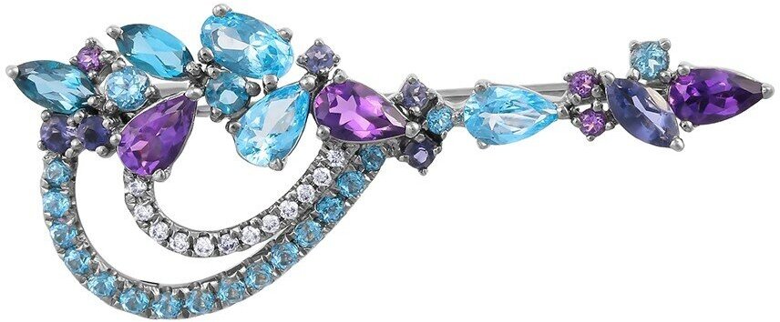 Брошь, золото, 585 проба, бриллиант, аметист, иолит, топаз