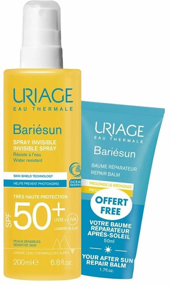 Uriage Bariesun Набор Bariesun SPF50+: Невидимый спрей + Восстанавливающий бальзам, Набор Невидимый спрей + Восстанавливающий бальзам после солнца, Набор: спрей, 200 мл + бальзам п/солнца, 50 мл