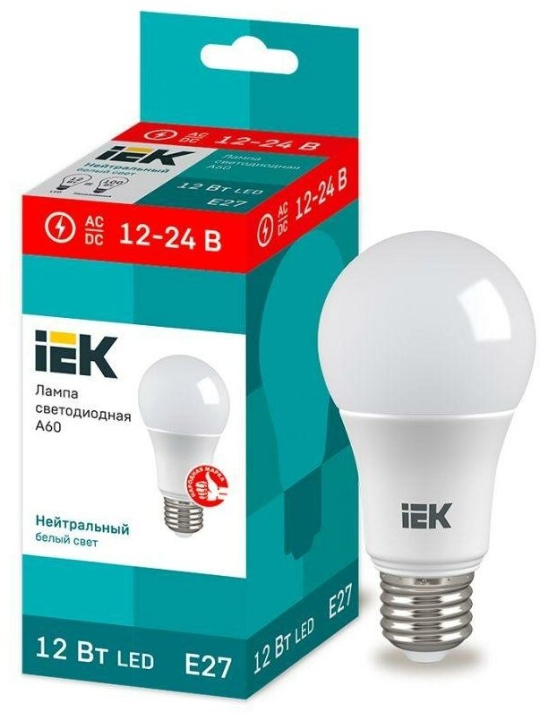 Лампа светодиодная 12Вт A60 грушевидная 4000К нейтр. бел. E27 12-24В низковольтная IEK LLE-A60-12-12-24-40-E27