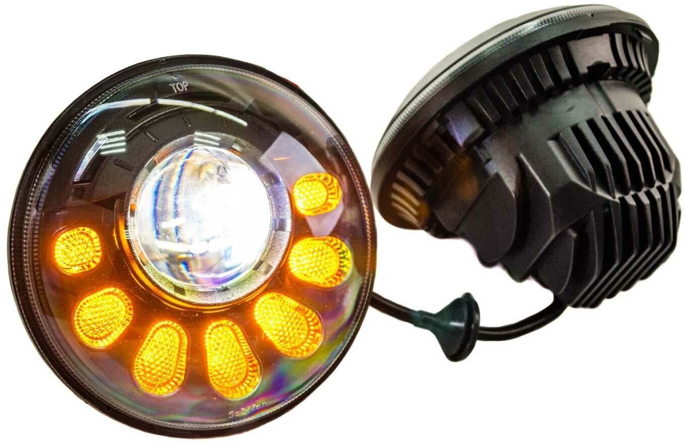 Светодиодные фары Sal-Man 90W, 7 дюймов с линзой, динамическим повторителем поворотника и ДХО для ВАЗ 2101, 2102, Лада 4х4, Нива Легенд