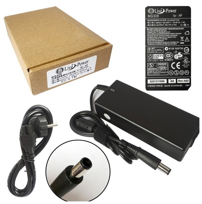 Блок питания Live Power MG308, для ноутбука HP, 90Вт, защита от перегрузки
