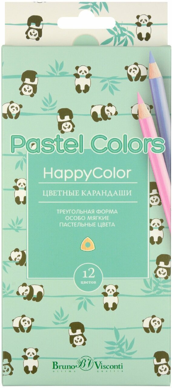 Карандаши цветные BrunoViscont HappyColor "Пастельные" 12 цветов, Панда