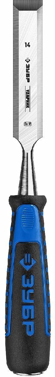 Стамеска-долото ЗУБР Ударник 14 мм с лезвием из стали CrV и двухкомпонентной пластиковой рукояткой с закалкой HRC 60-65 и стальным затыльником
