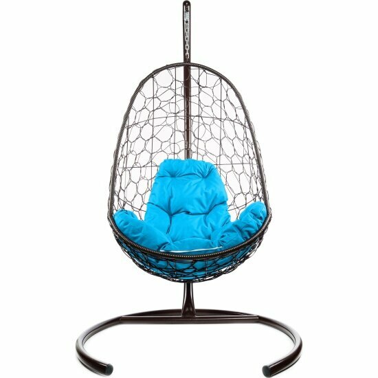 Подвесное кресло кокон M-group "Овал" с ротангом коричневое+голубая подушка