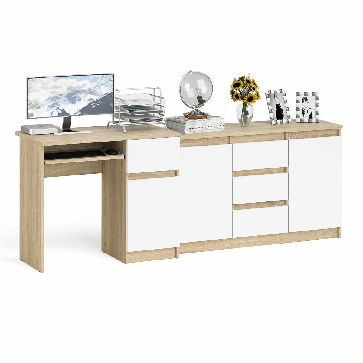 Тумба-комод СВК Мори МК1200 3 ящика и дверки и стол компьютерный с тумбой справа дуб сонома/белый, 210,4х50х76,6 см.