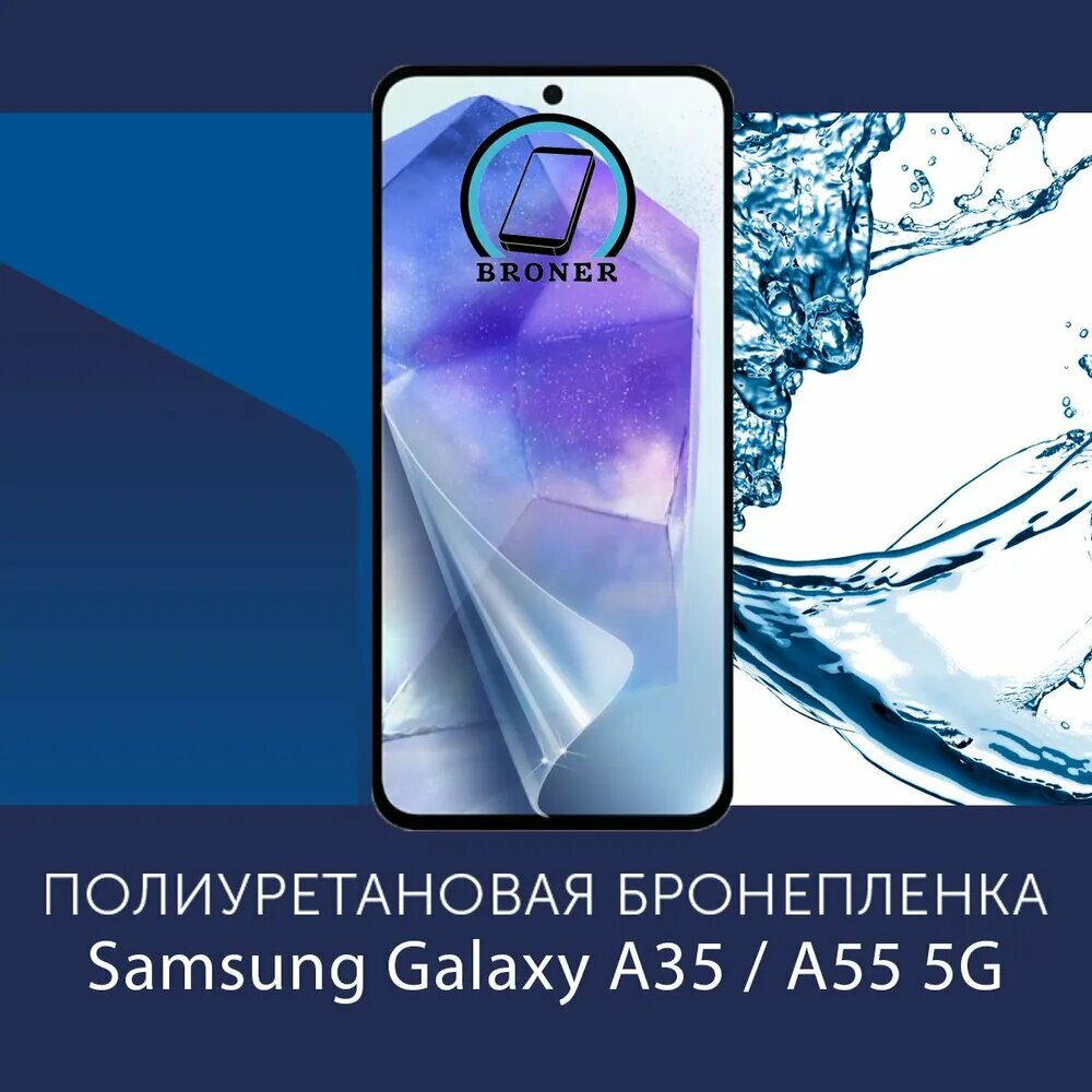 Полиуретановая бронепленка для Samsung Galaxy A35 / A55 / 5G / Защитная плёнка на экран, совместима с чехлом, с вырезом под камеру / Глянцевая