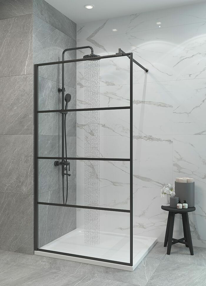 Душевое ограждение напольное неподвижное EVA GOLD PF01 100х190, прозрачное стекло, чёрный профиль