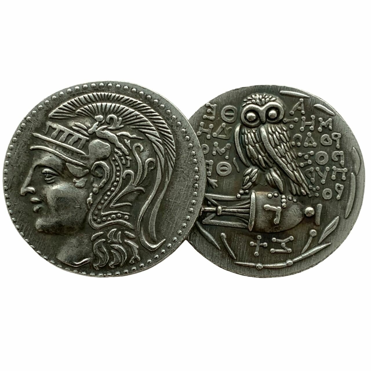 Античная монета "Тетрадрахма 110 год н. э. Афины. Голова в шлеме - Сова на амфоре". Коллекционная монета.