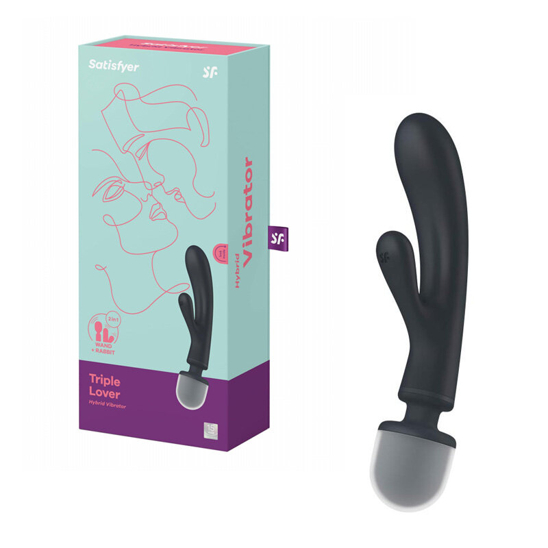 Вибромассажер-ванд «Triple Lover» с клиторальным отростком, серый