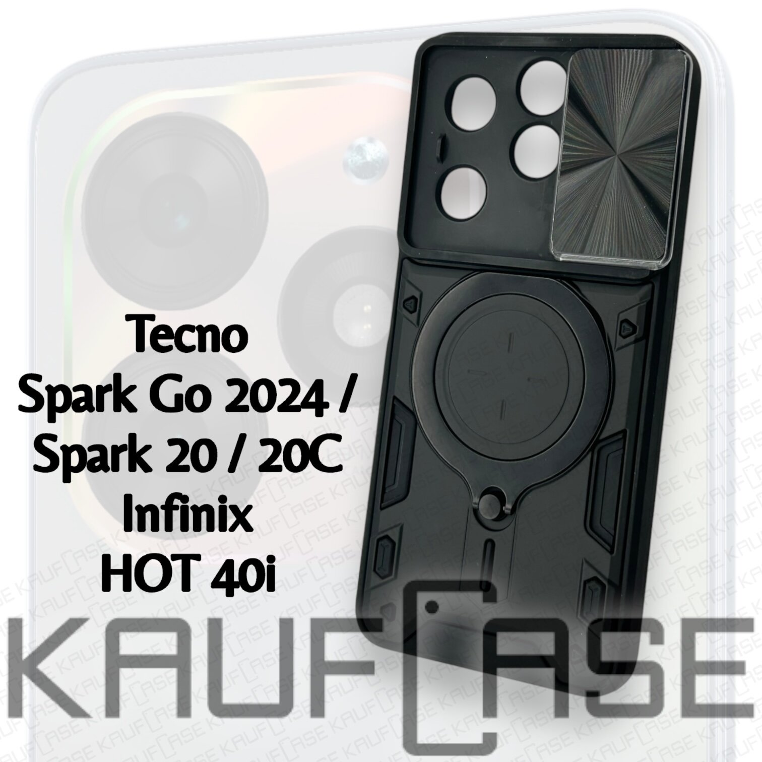 Противоударный чехол на Tecno Spark Go 2024 /Pop 8 (BG6) (6.6"), черный. Кольцо-держатель и магнитное крепление, яркие пластиковые защитные вставки