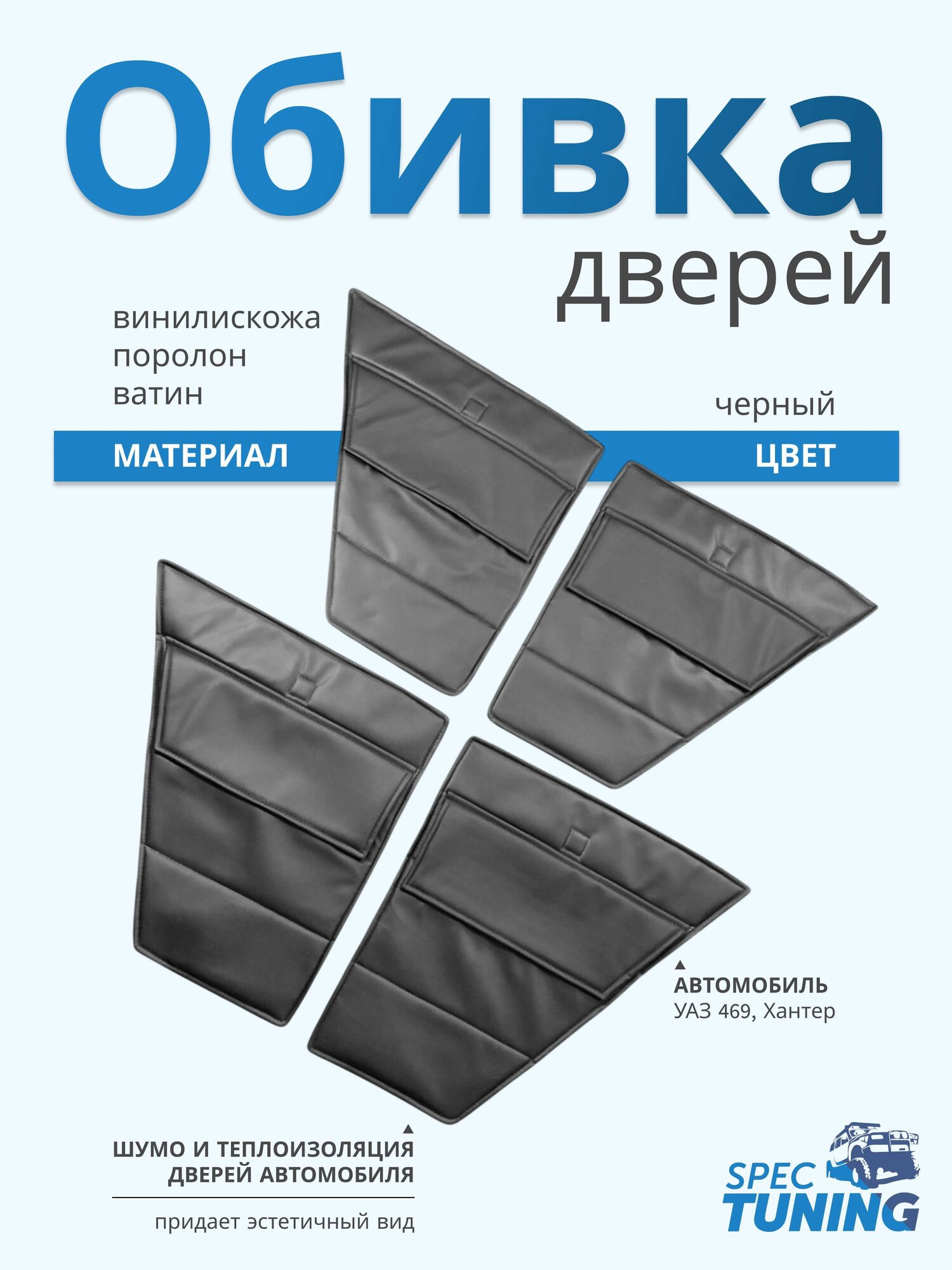 Обивка дверей УАЗ 469 (в/кожа, поролон, ватин) чёрная 4 предмета