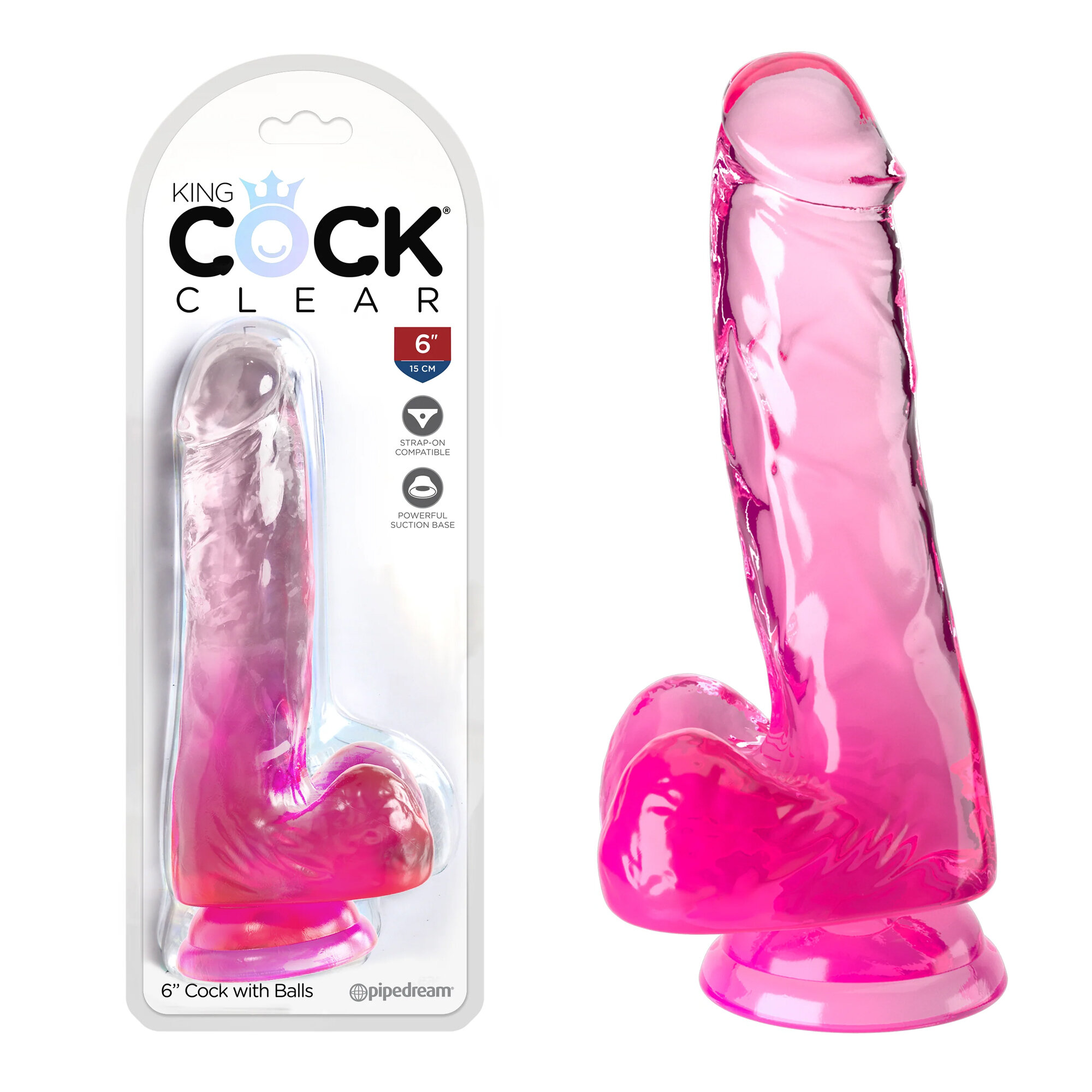 Pipedream King Cock Clear, Cock with Balls 6" Фаллоимитатор с мошонкой, прозрачный/розовый (17.8, Ø 3.8 см)