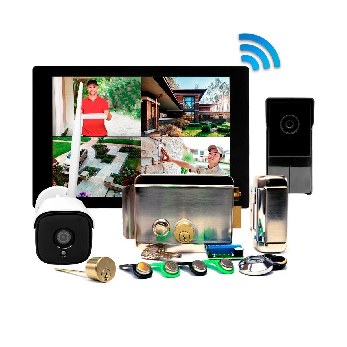 Wi-Fi видеодомофон TUYA с камерой и замком - SkyNet-10.00 (1+1+Zenit) (N50491BE): HD монитор 10 дюймов, вызывная панель, электромеханический замок и