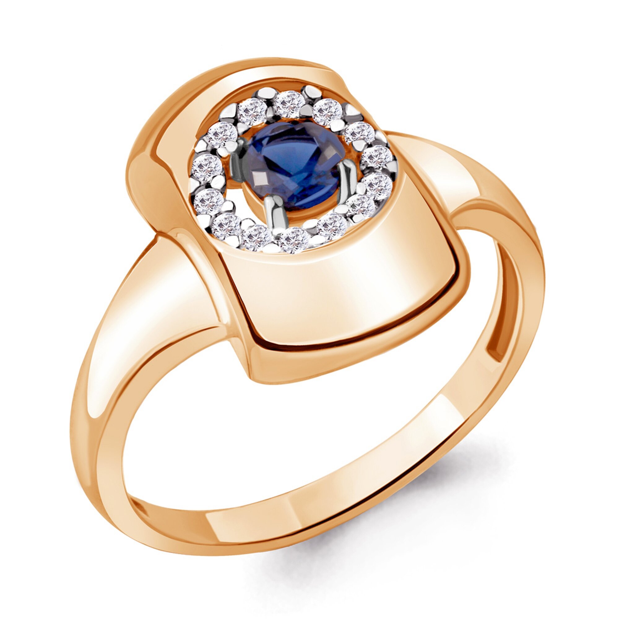 Кольцо, серебро, 925 проба, золочение, сапфир синтетический, фианит