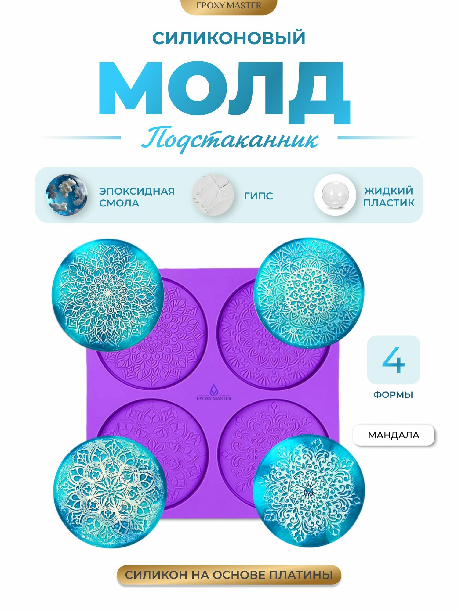 Силиконовый молд для эпоксидной смолы EPOXYMASTER Подстаканник мандала 4шт, d10см