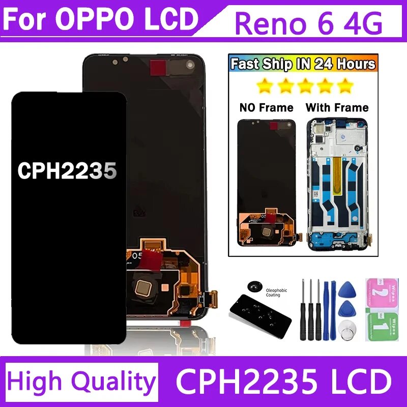 Экран дисплея Reno 6 для OPPO Reno6 4G ЖК-дисплей CPH2235 Дигитайзер сенсорной панели для Oppo Reno 6 5G PEQM00, CPH2251 ЖК-рамка 4G TFT With Frame