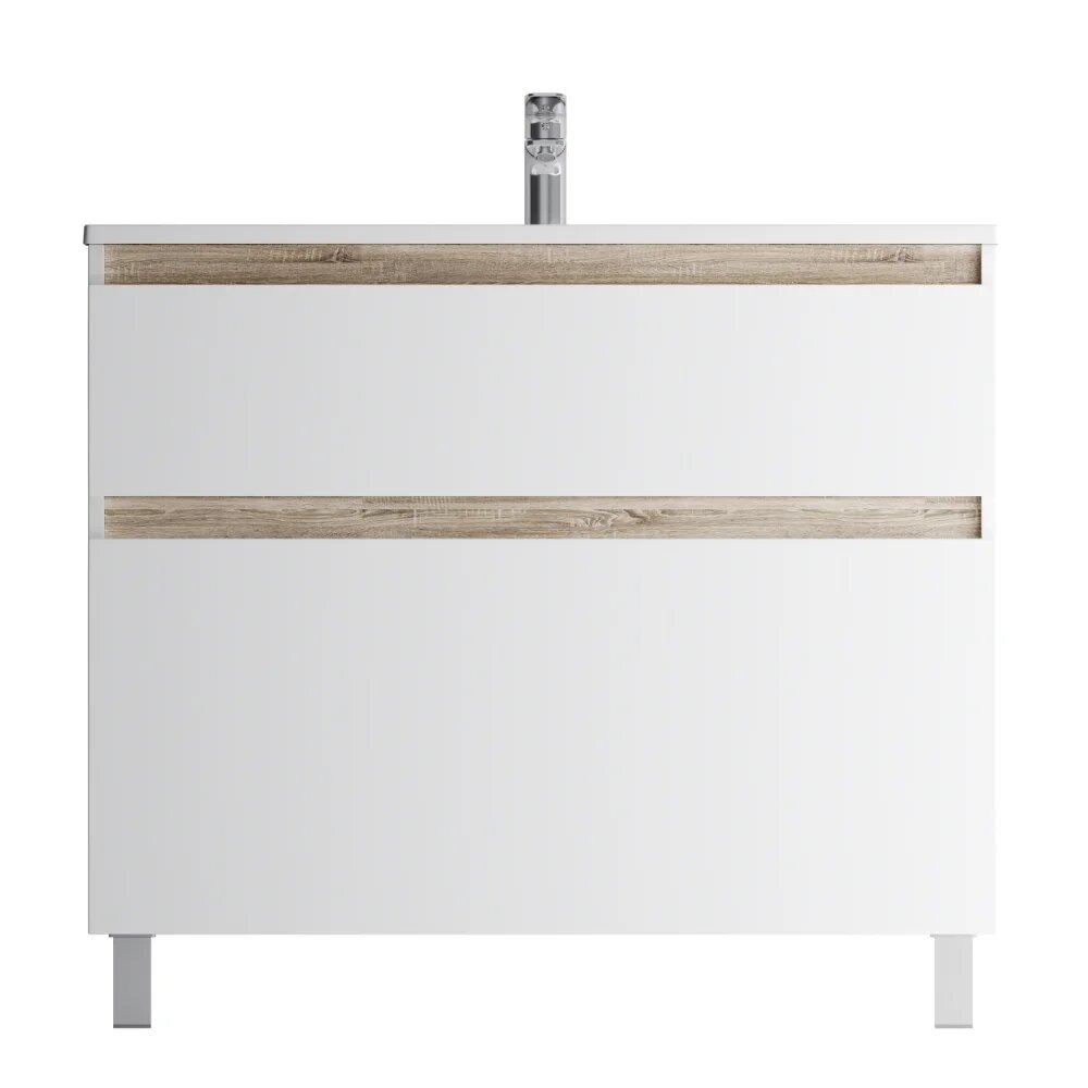 Тумба с раковиной AM.PM X-Joy 100, 99 см, белая, глянцевая, из МДФ, с ящиками, раковина для ванной фарфоровая, прямоугольная, встроенный слив-перелив