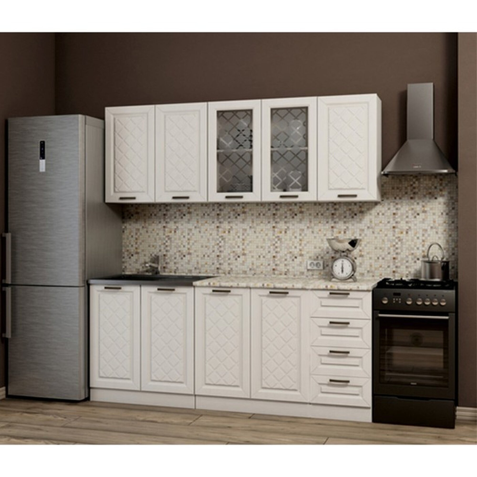 Кухонный гарнитур Сима-ленд Агава 2000, ЛДСП, МДФ, прованс, белый, лиственница светлая