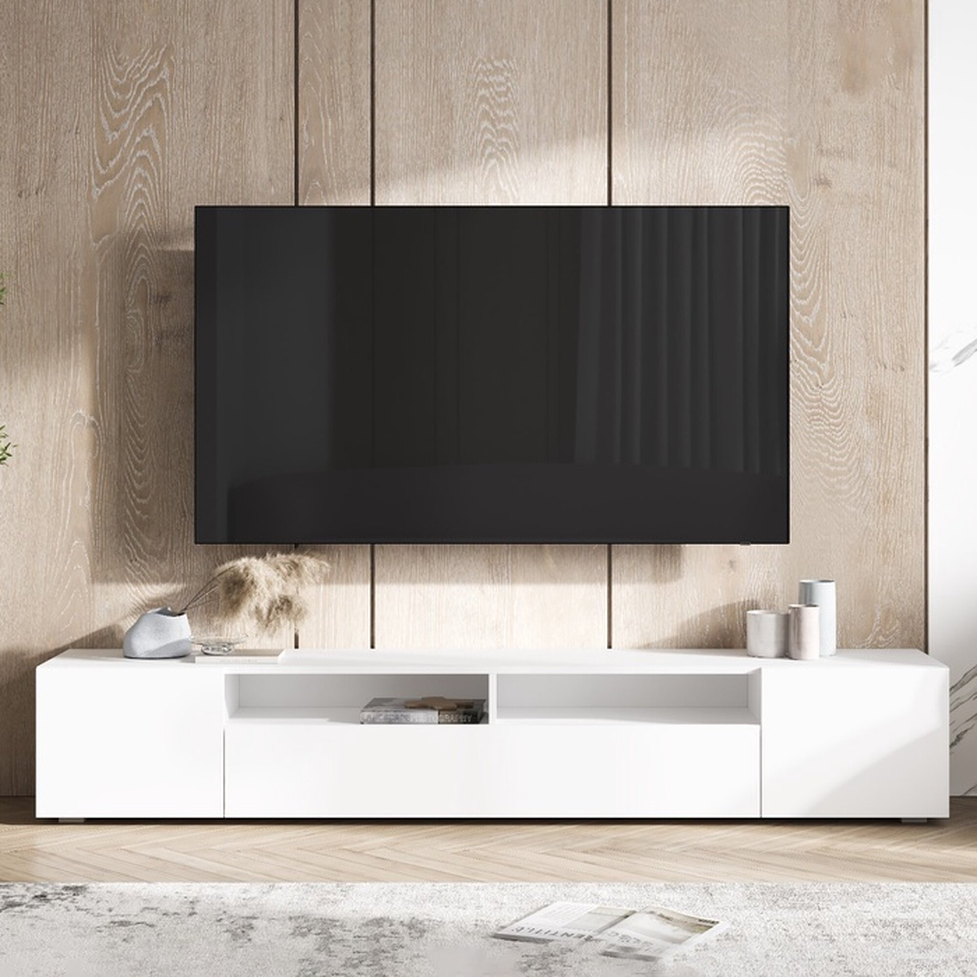 Тумба под ТВ подвесная «Сити», напольная, 2000×346×330 мм, цвет белый