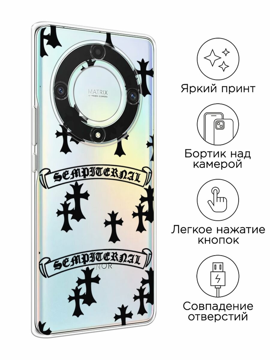 Чехол на Honor X9A / Хонор X9A с принтом "Кресты паттерн чёрный", прозрачный — фото 1