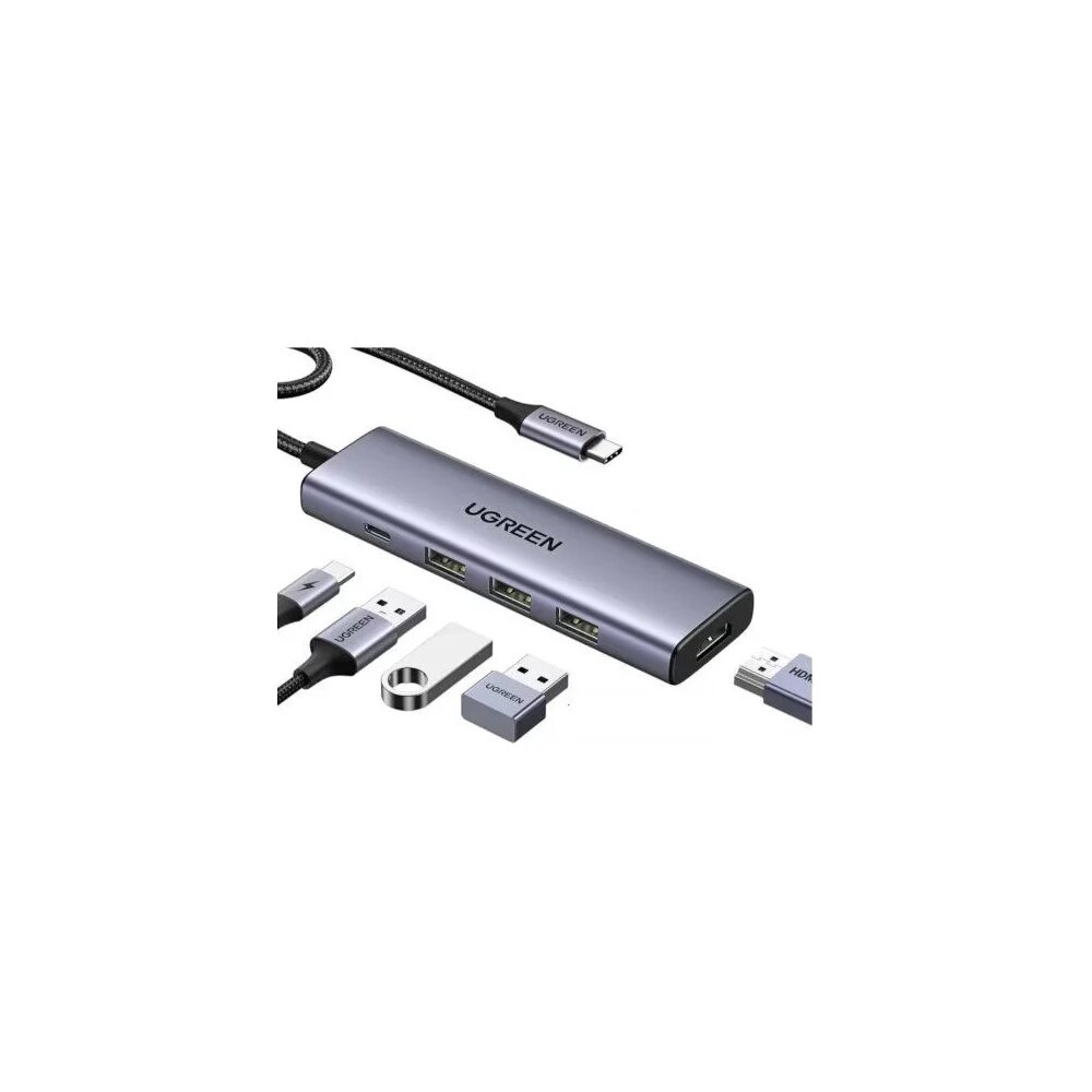 USB концентратор (хаб) Ugreen USB-C To HDMI 4K при 30 Гц , 3хUSB 3.0 A, PD Power Converter 100 Вт цвет серый космос 15596
