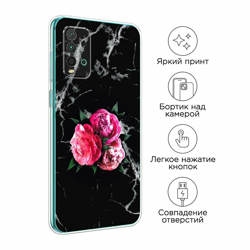 Чехол на Xiaomi Redmi 9T / Сяоми Редми 9Т с принтом "Букет на черном мраморе" — фото 1