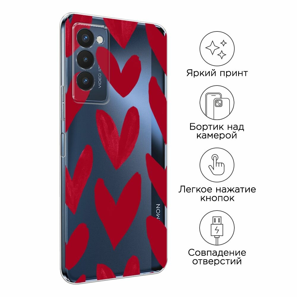 Чехол на Tecno Camon 18P / Техно Камон 18Р с принтом "Красные сердечки рисунок - 14 февраля", прозрачный — фото 1