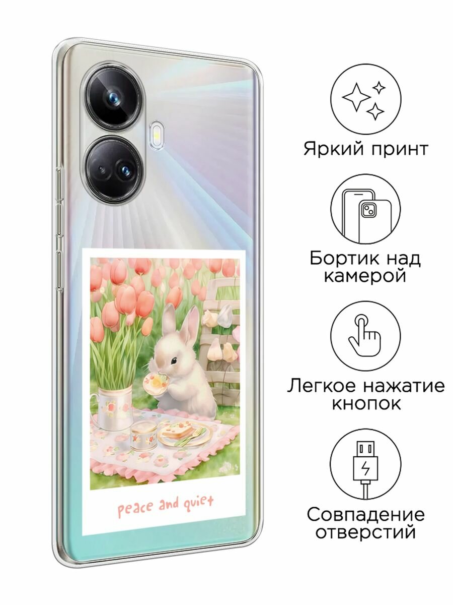 Чехол на Realme 10 Pro+ / Реалми 10 Про+ с принтом "Кролик на пикнике", прозрачный — фото 1